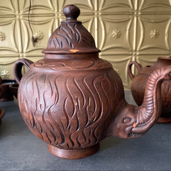 Vintage | Kitchen | Decorative Wood Carved Ceramic African Tea Set ...